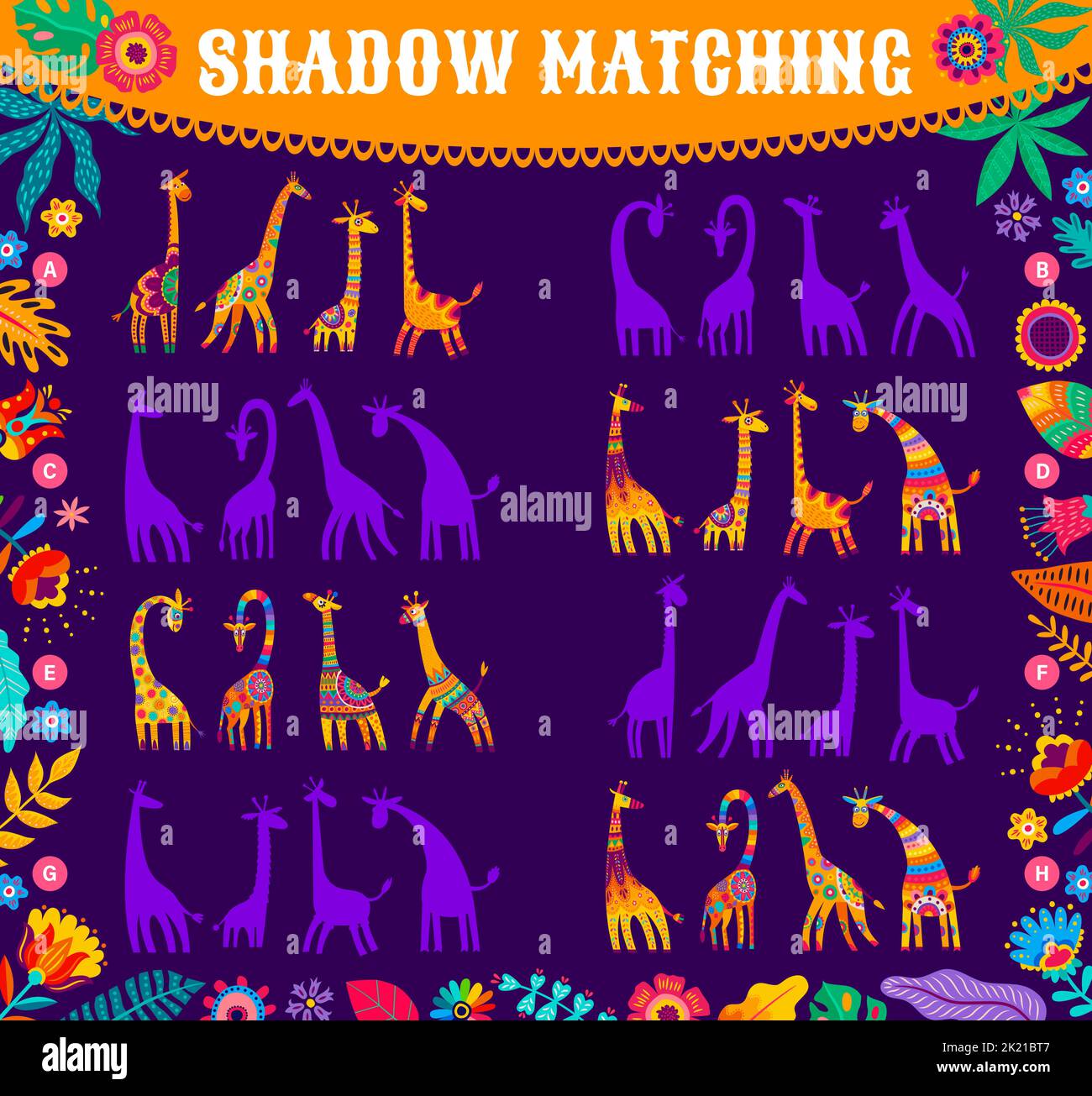 Shadow matching quiz game with african giraffes. Silhouette find kids ...