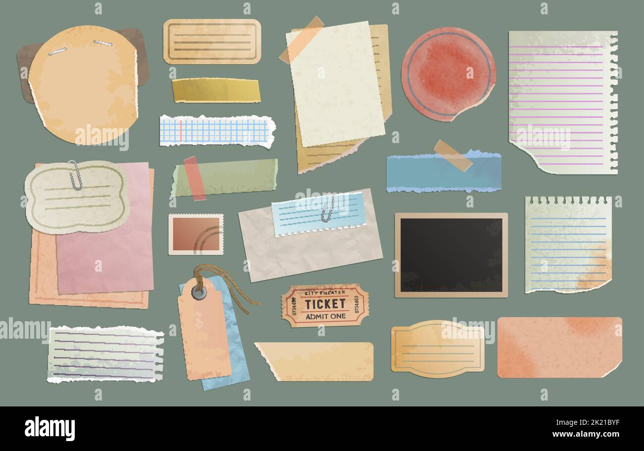 Scrapbook paper notes, torn page stickers and notebook scrap memos ...