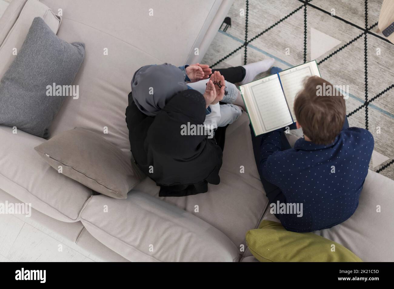 Top view photo of traditional muslim family parents with children ...