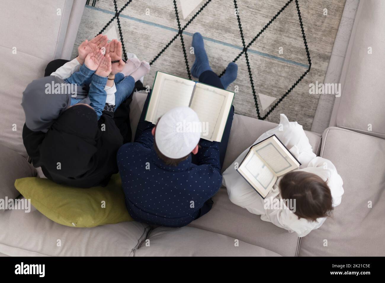 Top view photo of traditional muslim family parents with children ...
