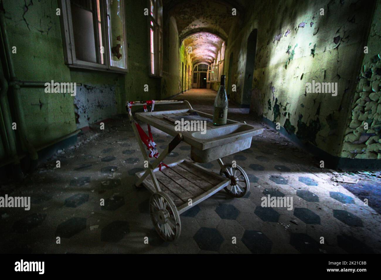 An old medical cart standing in the hallway of an abandoned soviet ...