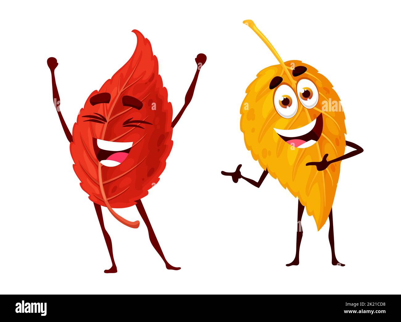 Cartoon cute autumn red and yellow leaf characters. Isolated vector ...