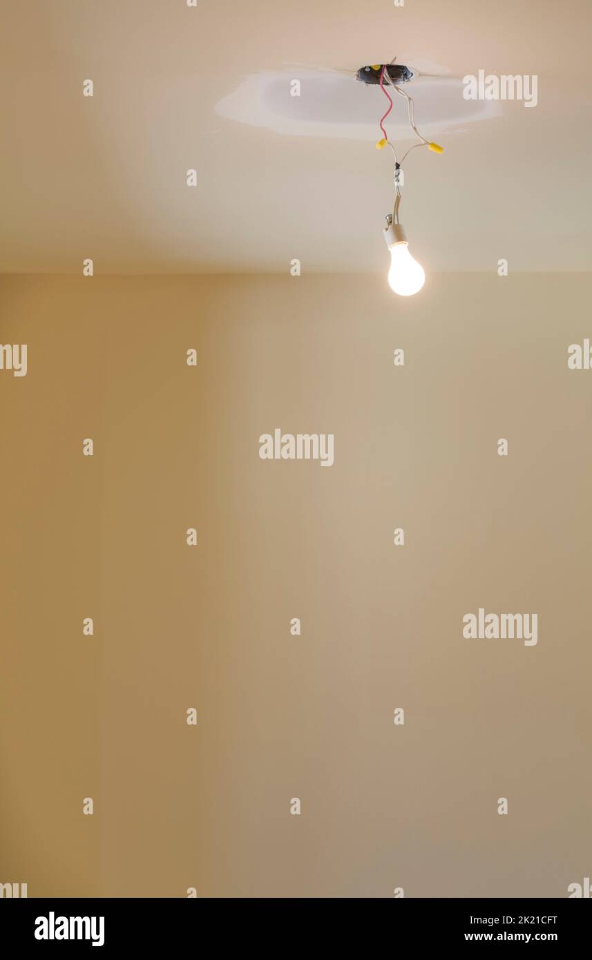 Incandescent lighttbulb dangling from ceiling plasterboard being ...