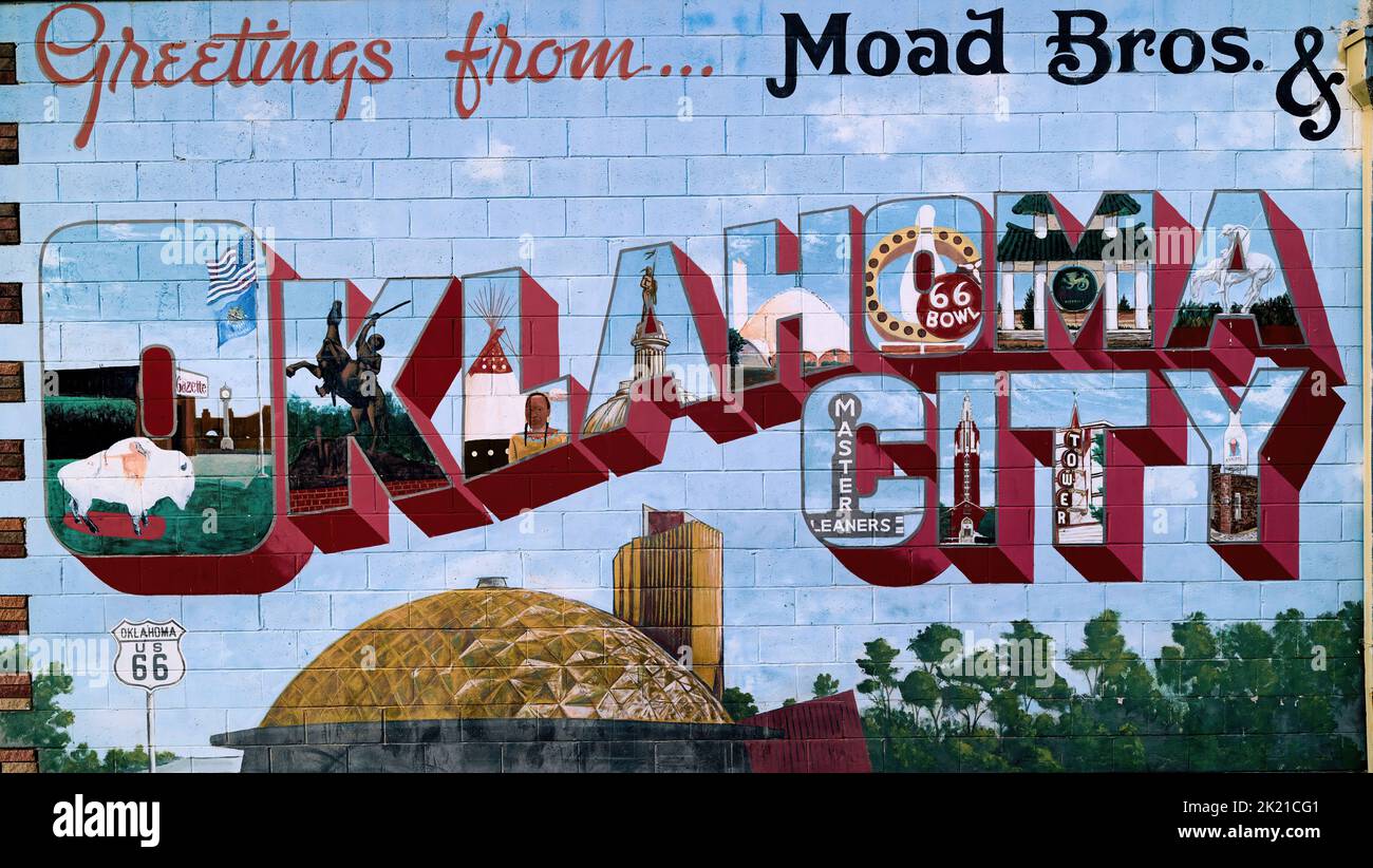 Welcome mural on historic U.S. Route 66, in Oklahoma City, the capital ...