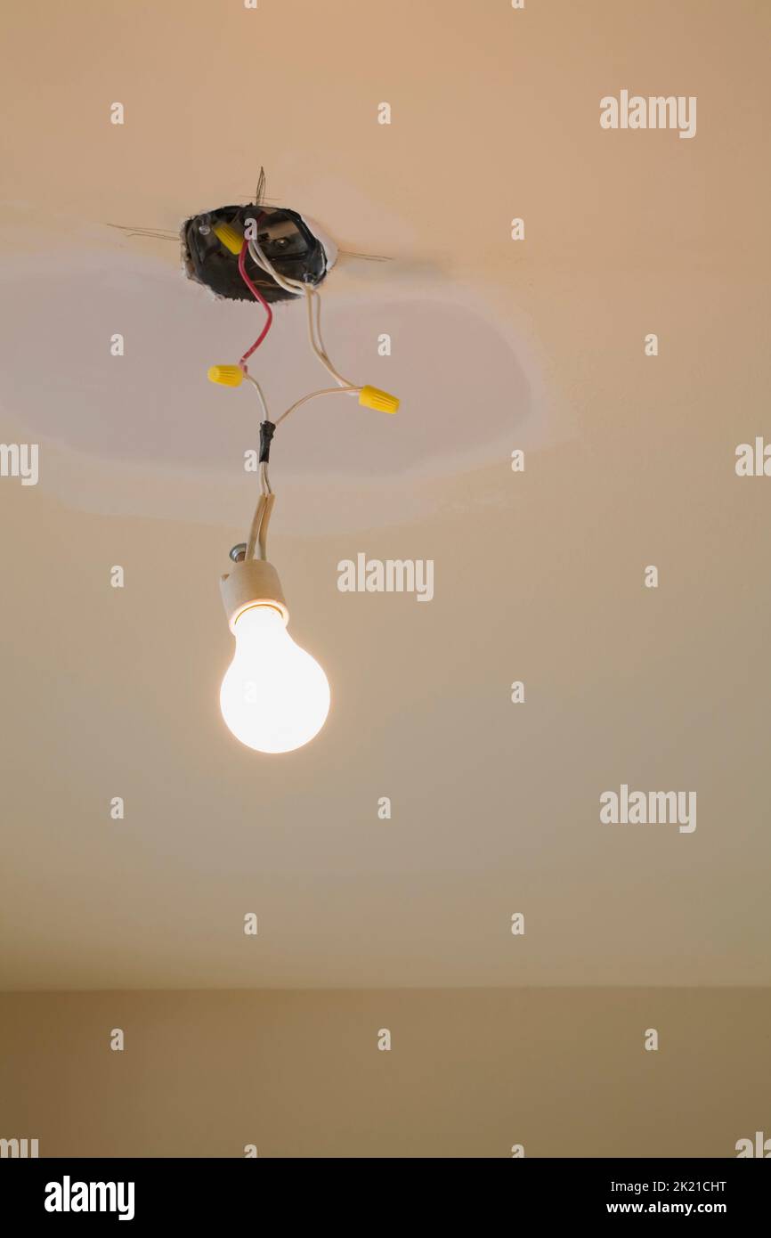 Incandescent lighttbulb dangling from ceiling plasterboard being ...