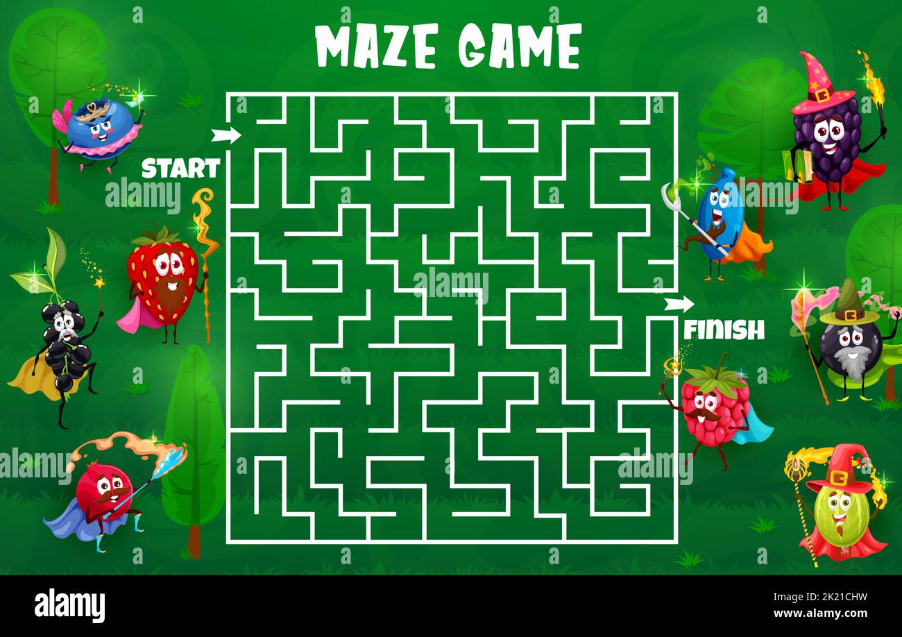 Cartoon funny wizard and fairy berries characters labyrinth maze ...