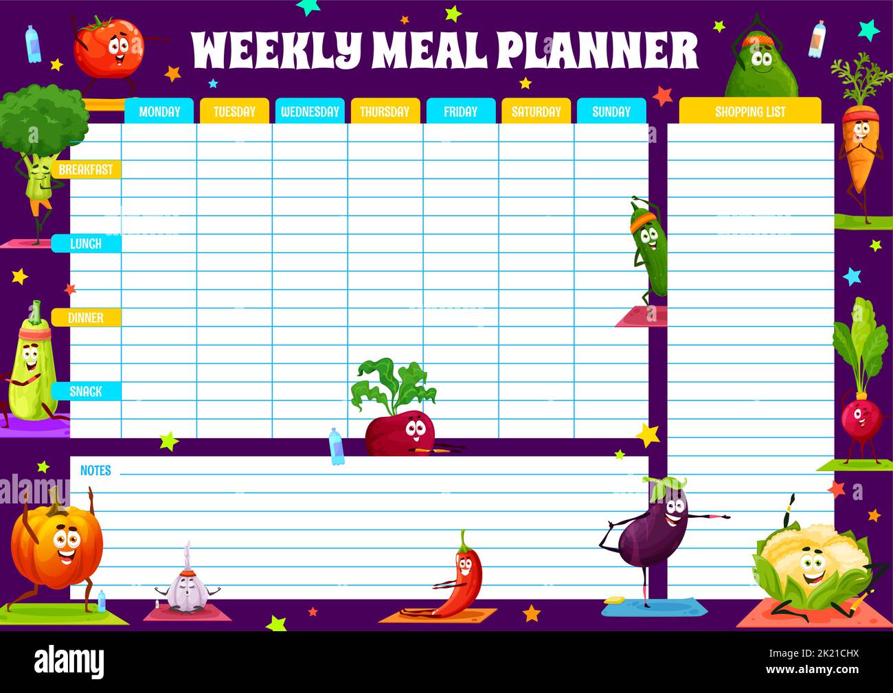 Weekly meal planner. Cartoon vegetable characters on yoga. Meal menu ...