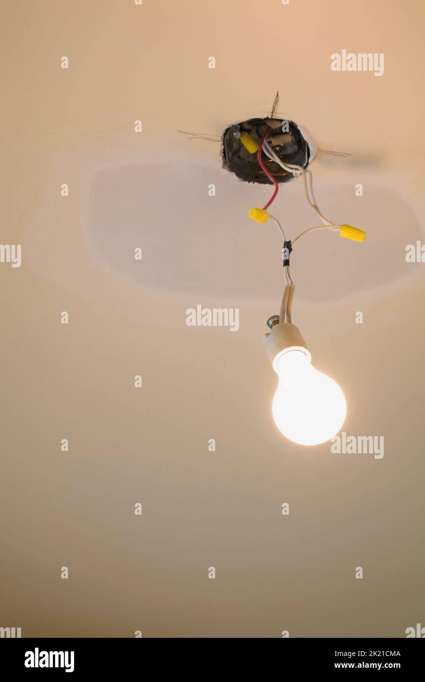 Incandescent lighttbulb dangling from ceiling plasterboard being ...