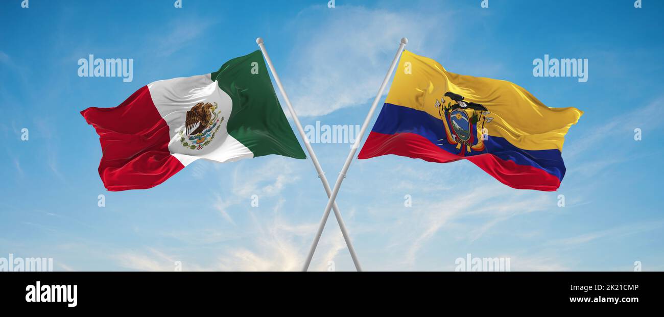 two crossed flags Ecuador and mexico waving in wind at cloudy sky ...
