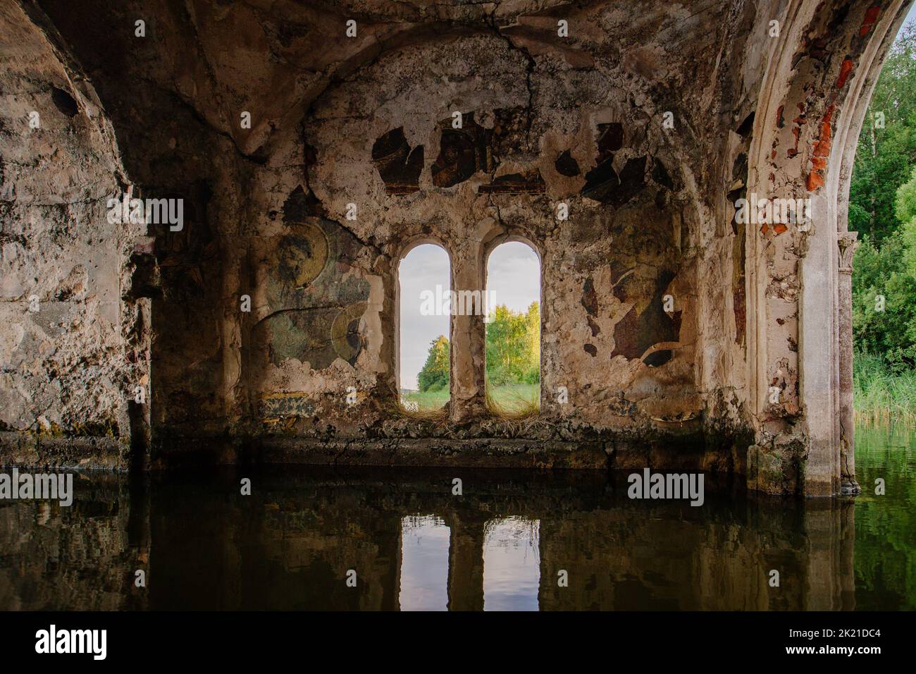 Large flooded hall of ruined abandoned church Stock Photo - Alamy