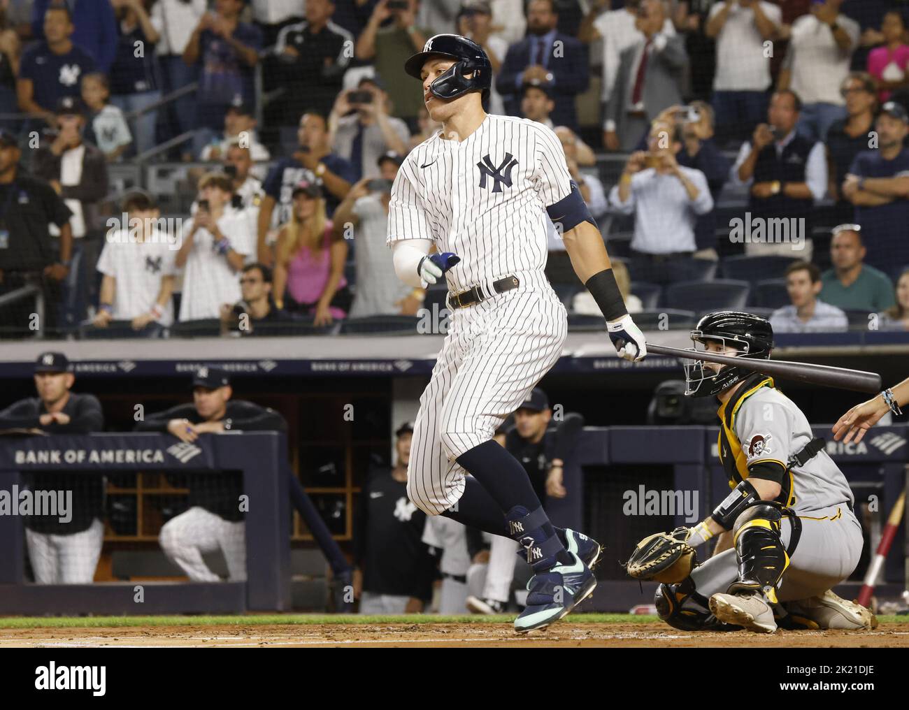New York Yankees Aaron Judge hits a double in the first inning against ...