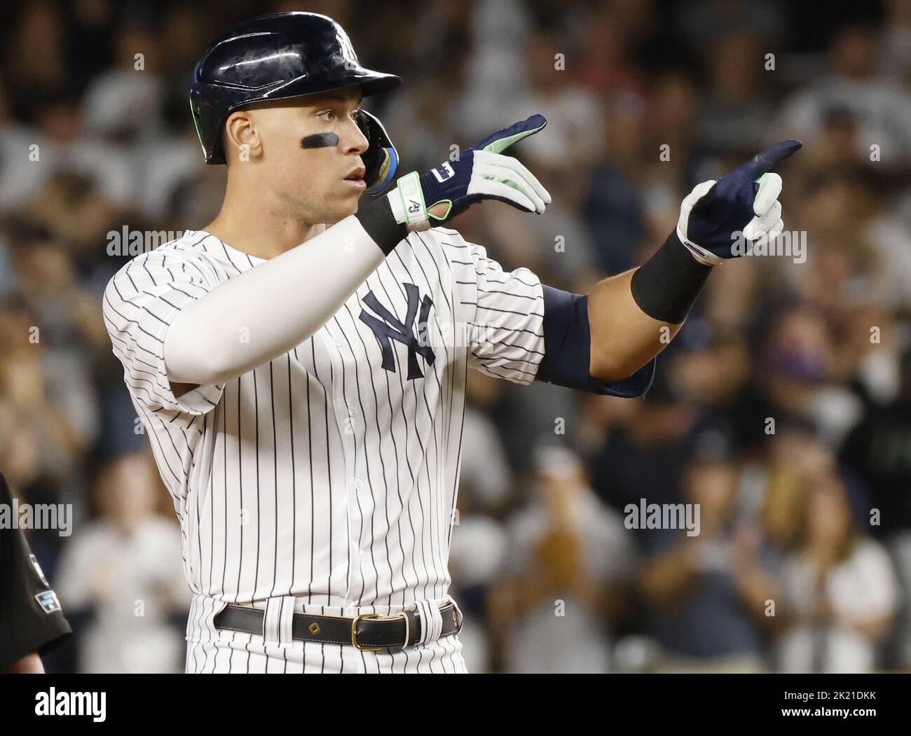 New York Yankees Aaron Judge gestures after hitting a double in the ...
