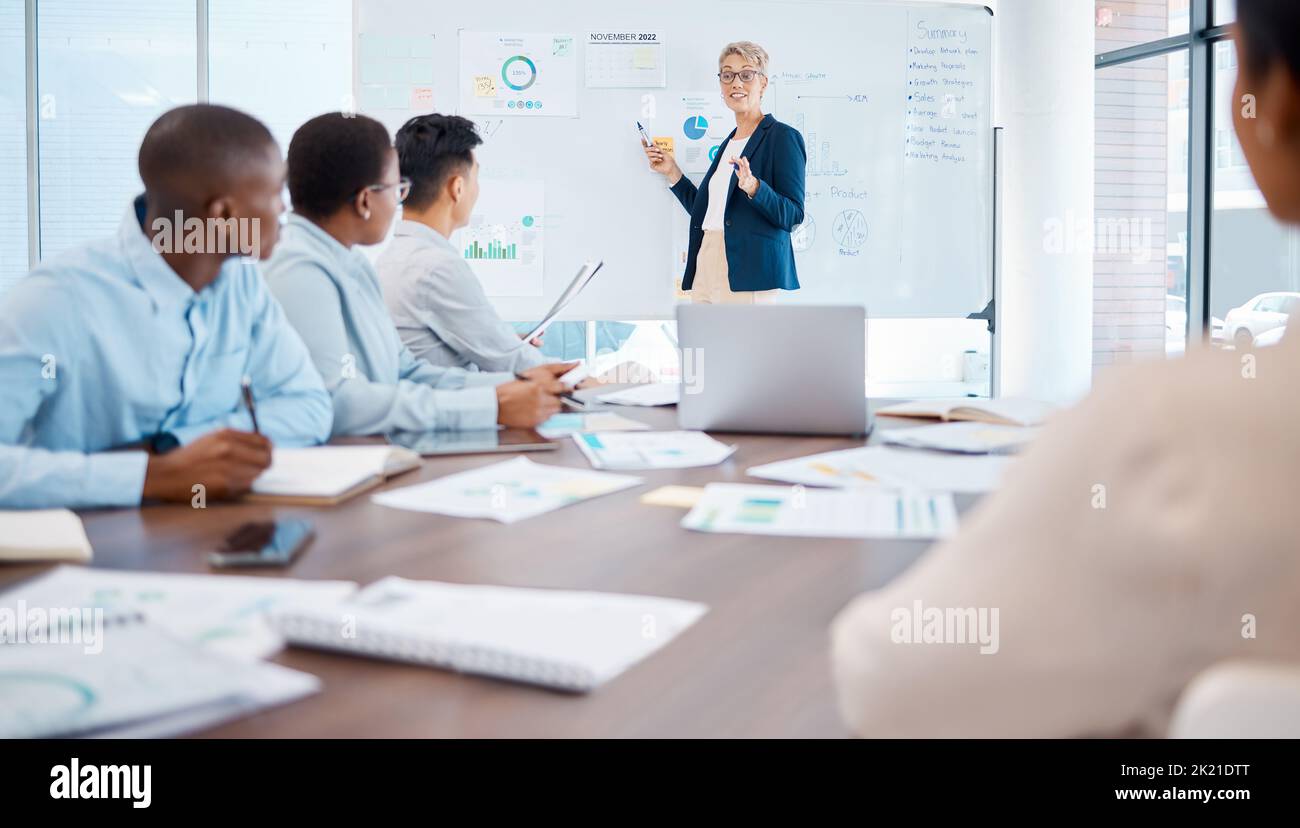 Team in office for chart presentation, coaching on whiteboard in ...