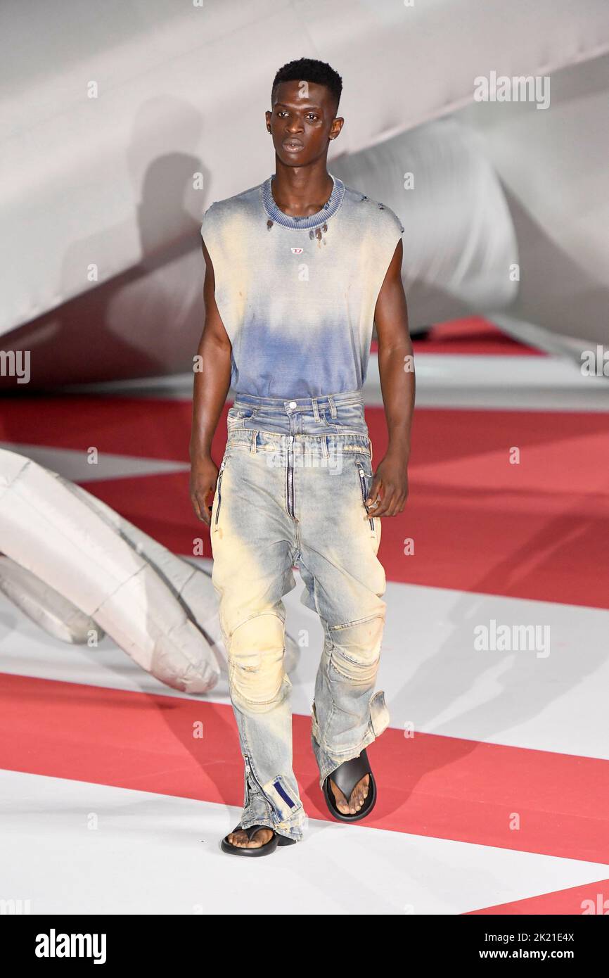 A model walks on the runway at the Diesel fashion show during the ...