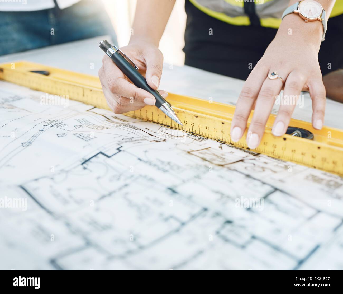 Hands, blueprint and architect planning with an architecture design and ...