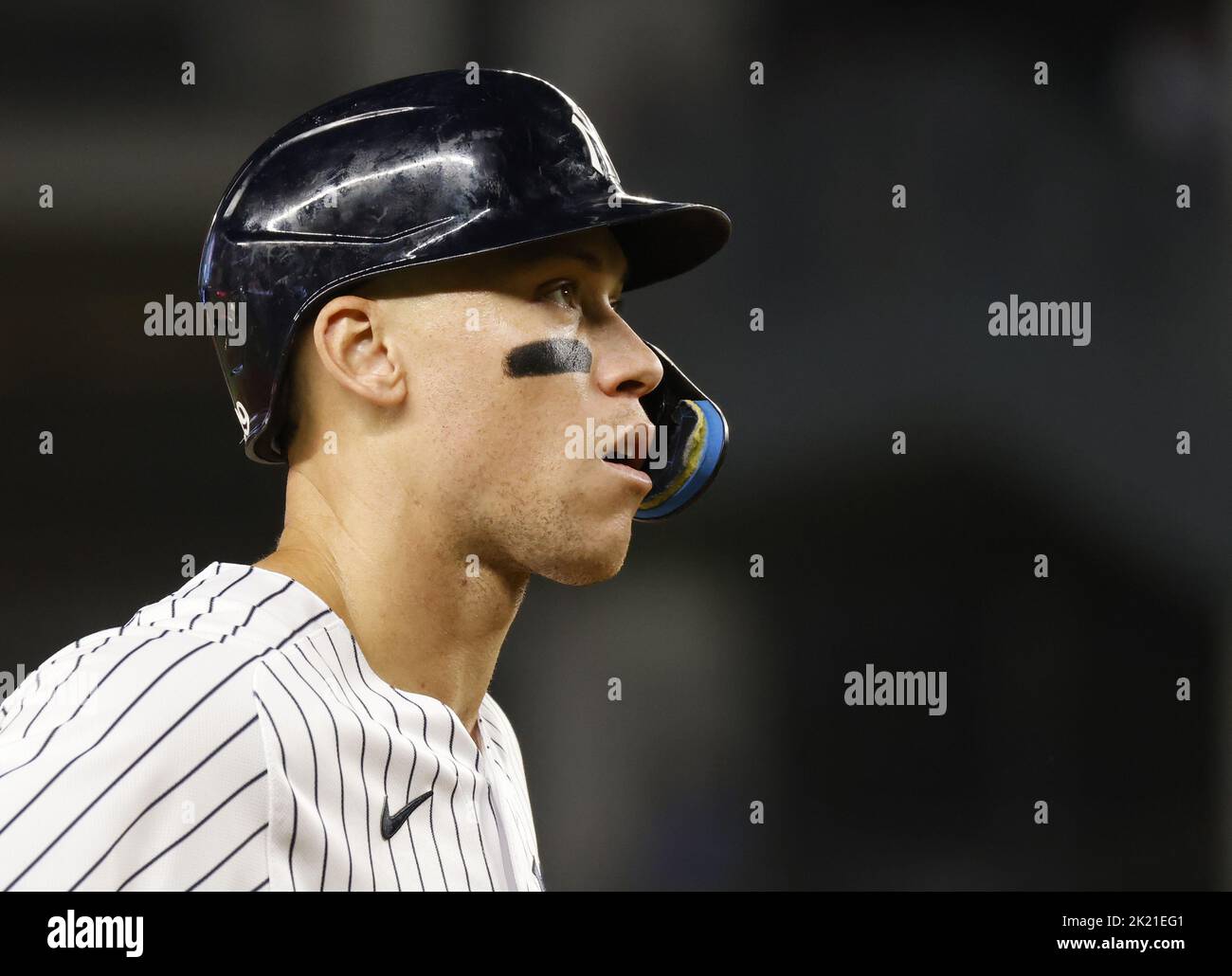New York Yankees Aaron Judge stands on third base after hitting a ...