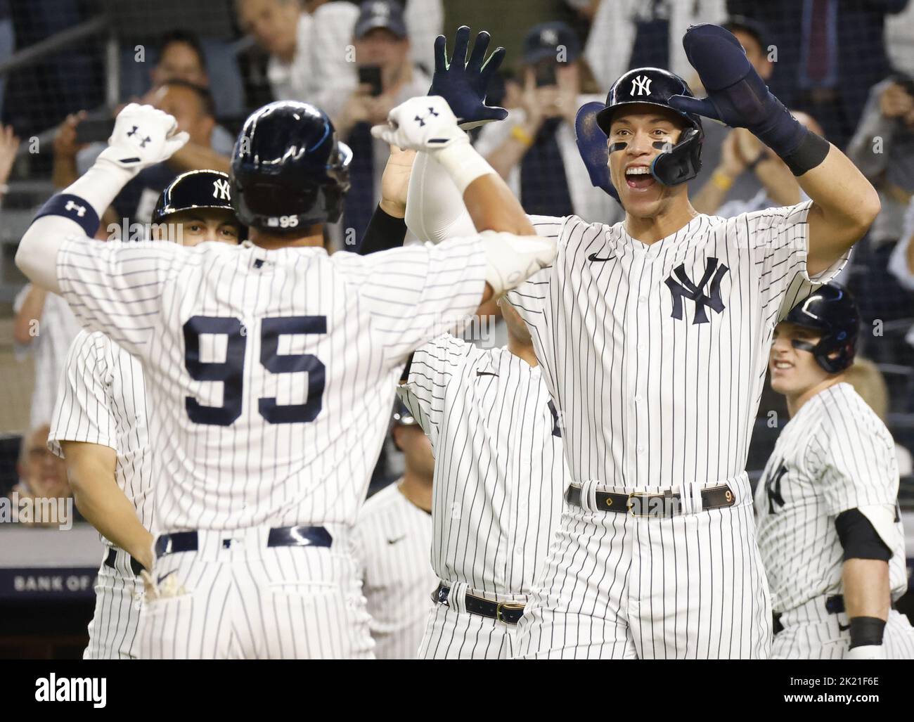 New York Yankees Oswaldo Cabrera (95) is congratulated by teammate Aaron Judge after hitting a ...