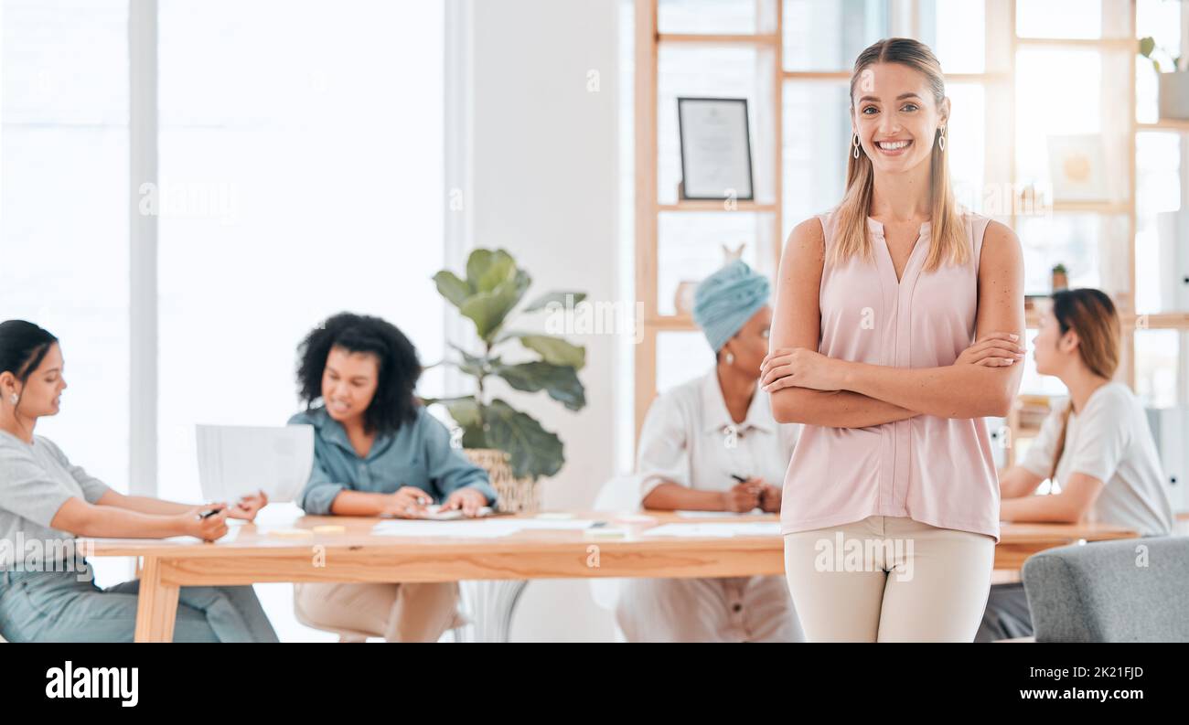Vision, success and arms crossed with business woman in modern office ...
