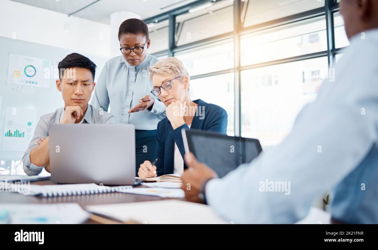 Thinking, focus and planning teamwork on laptop, solution and business ...