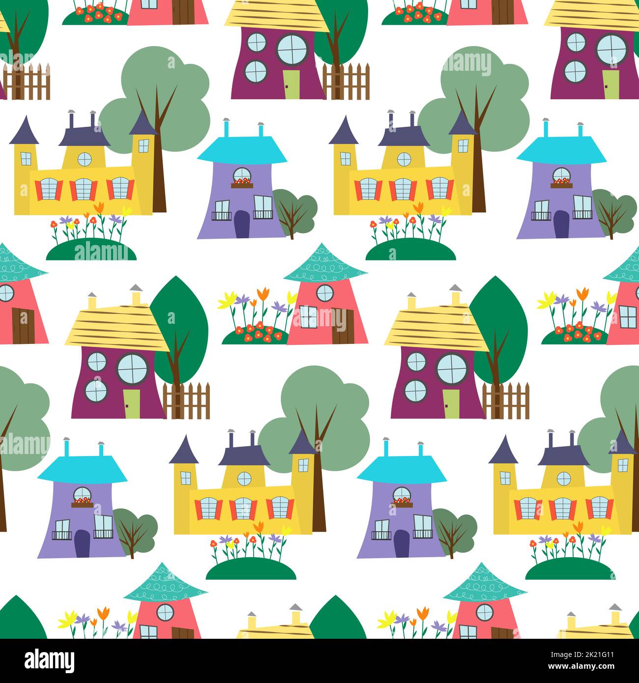 Pattern with urban plot. Colorful houses, trees and flower beds. Vector ...