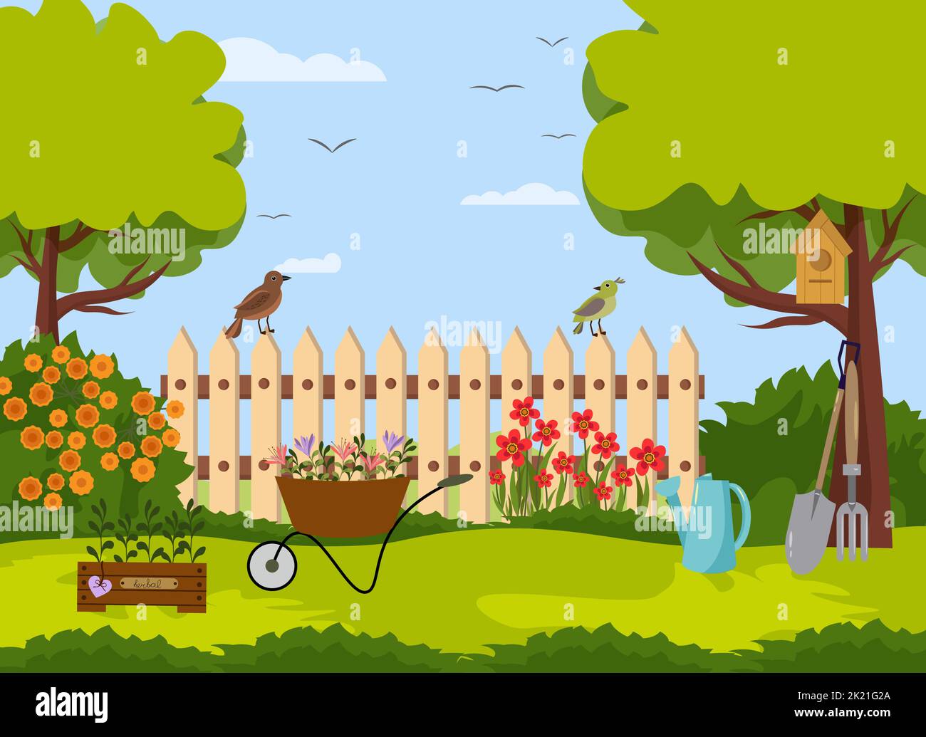 Rural garden landscape on a sunny day. Scene with garden tools, fence ...