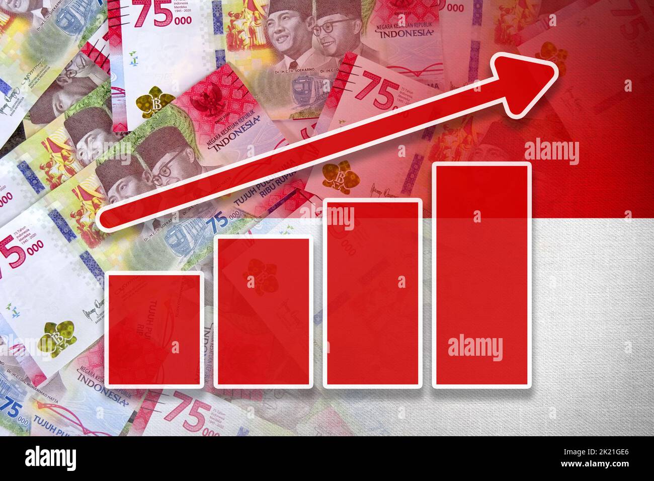 Economy graph: rising arrow, cash Indonesian rupiah banknotes and ...