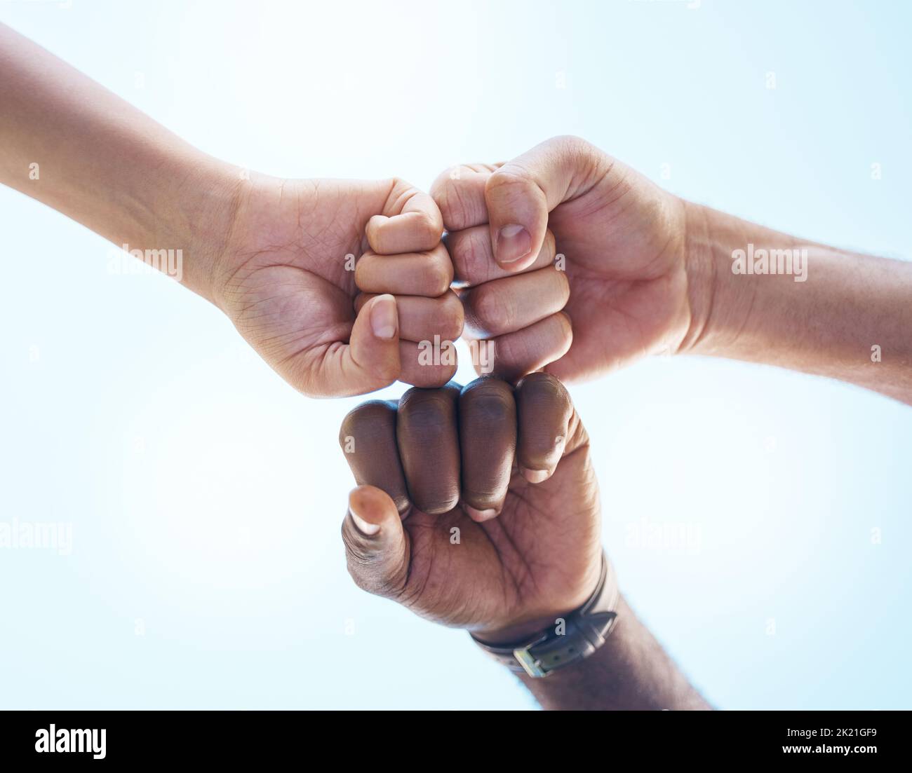 Fist bump, teamwork and friends in support, motivation and trust work ...