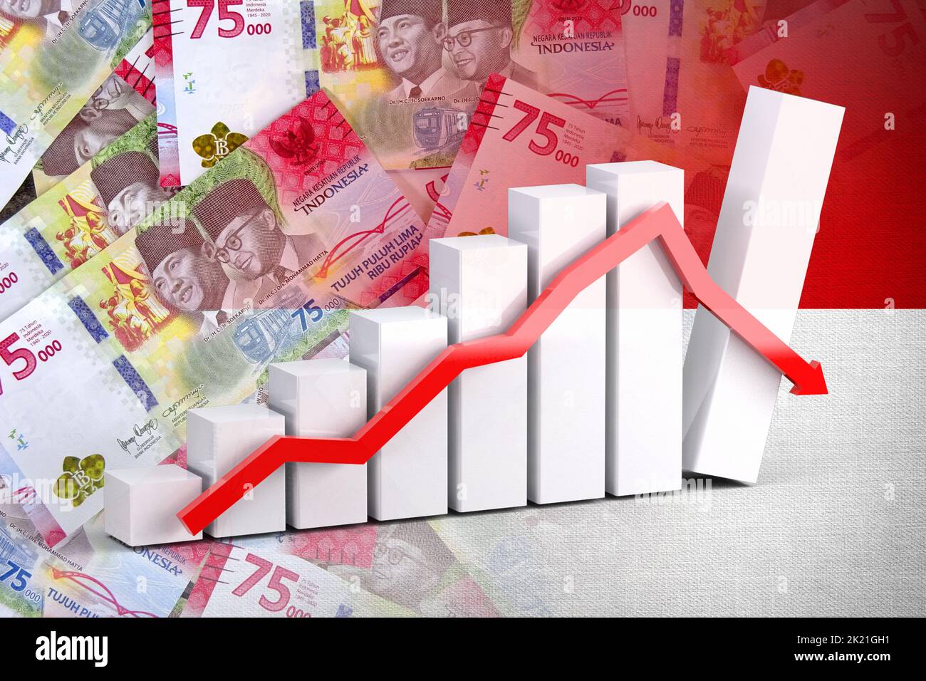 Economy graph: Downward arrow, cash Indonesian rupiah banknotes and ...