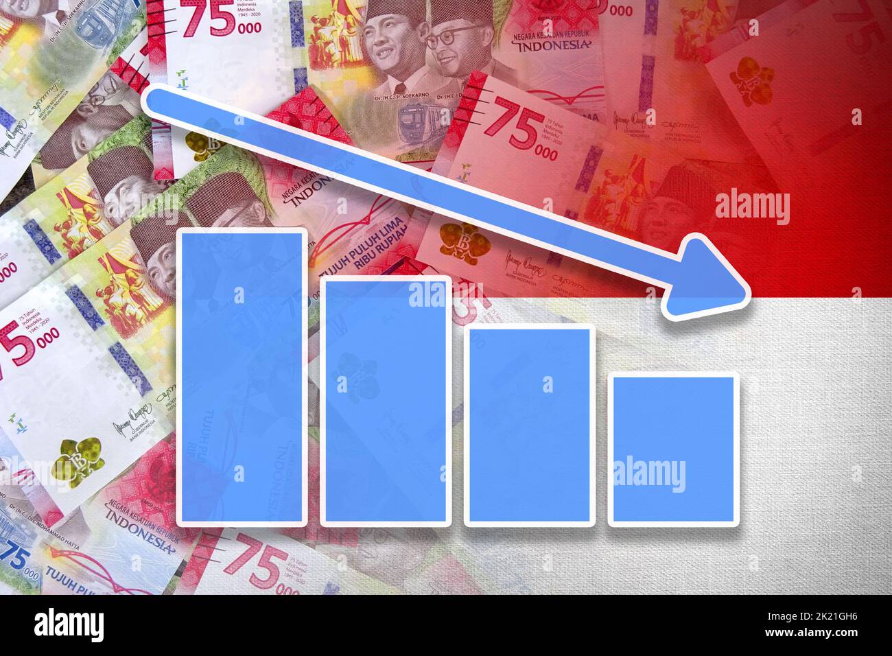 Economy graph: Downward arrow, cash Indonesian rupiah banknotes and ...