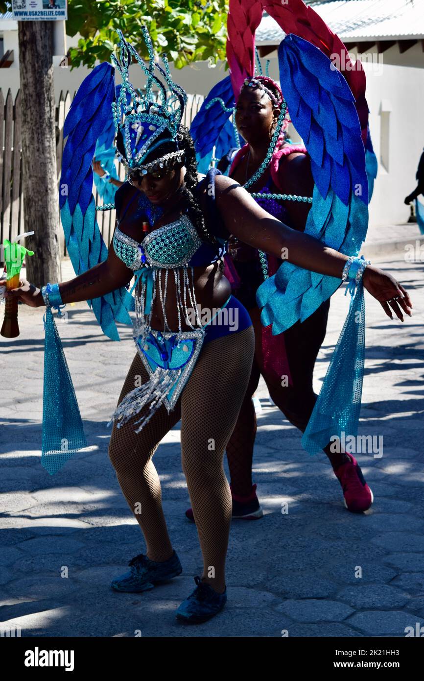 A female dancer in a blue, winged costume taking part in the San Pedro ...