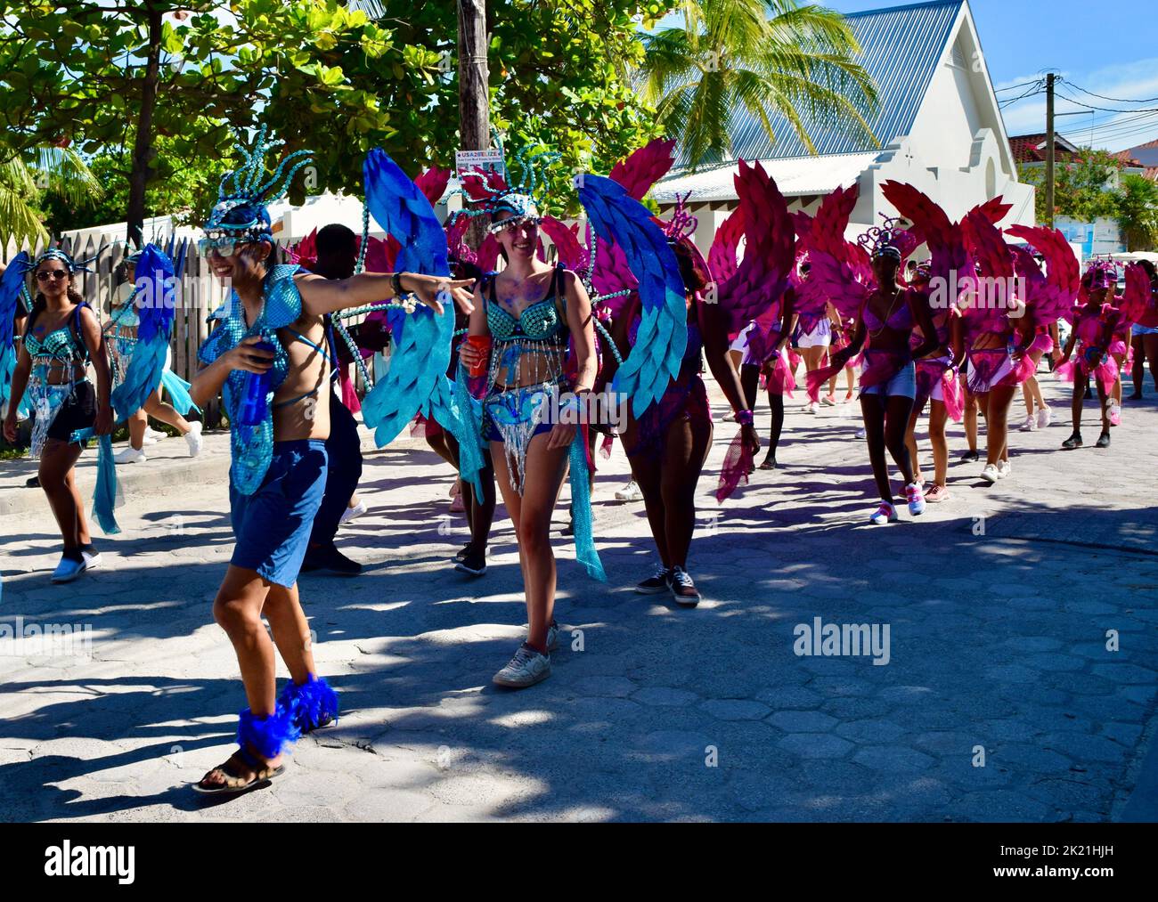 Blue and pink winged costumes worn by Belizeans during the San Pedro ...