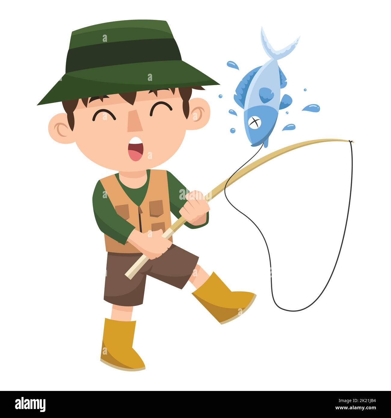 A Boy in a Vest, Hat, and Boots Catches a Big Fish. Kids Activities ...