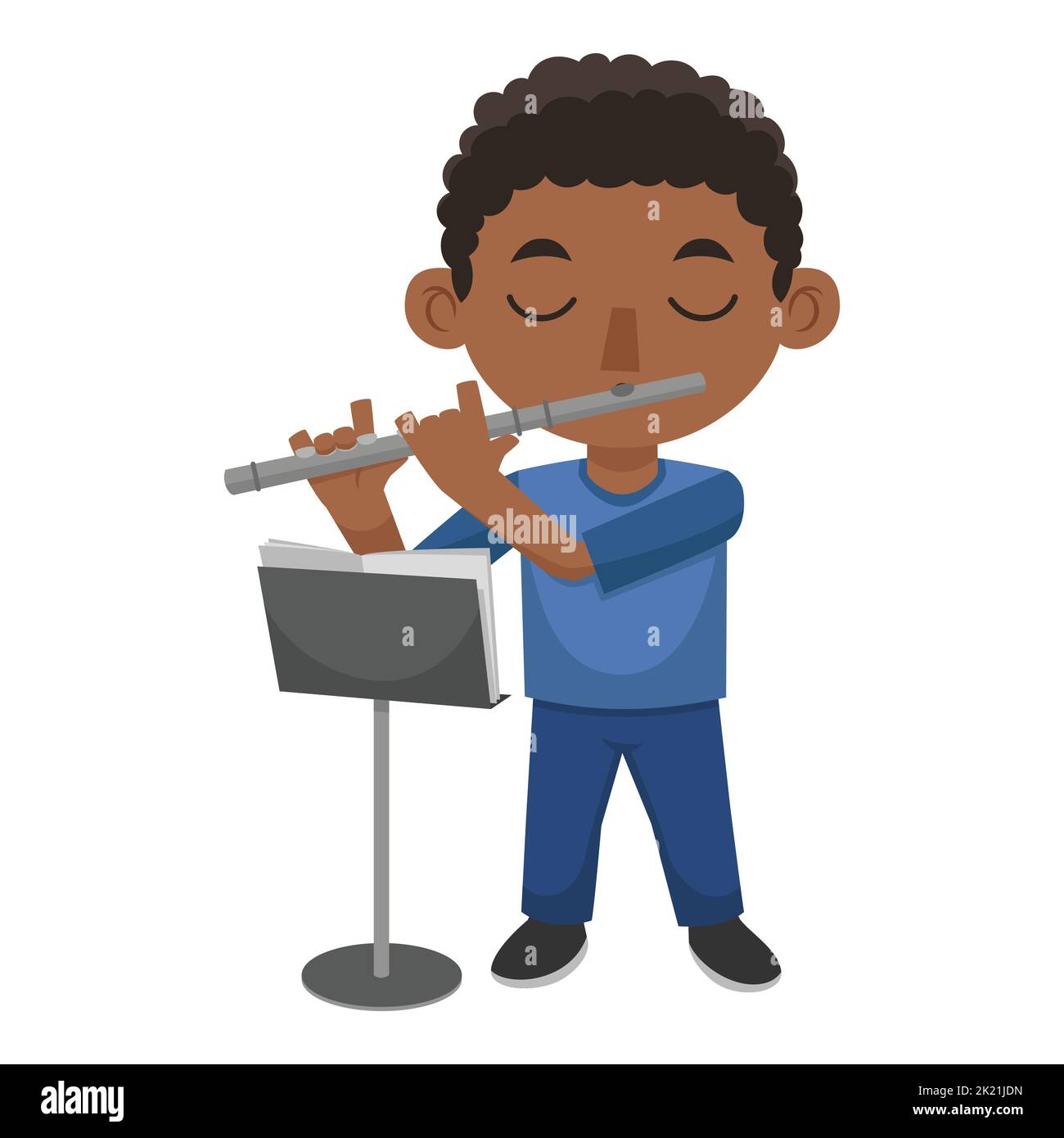 A Boy is Playing The Flute While Looking at The Notes on The Score ...