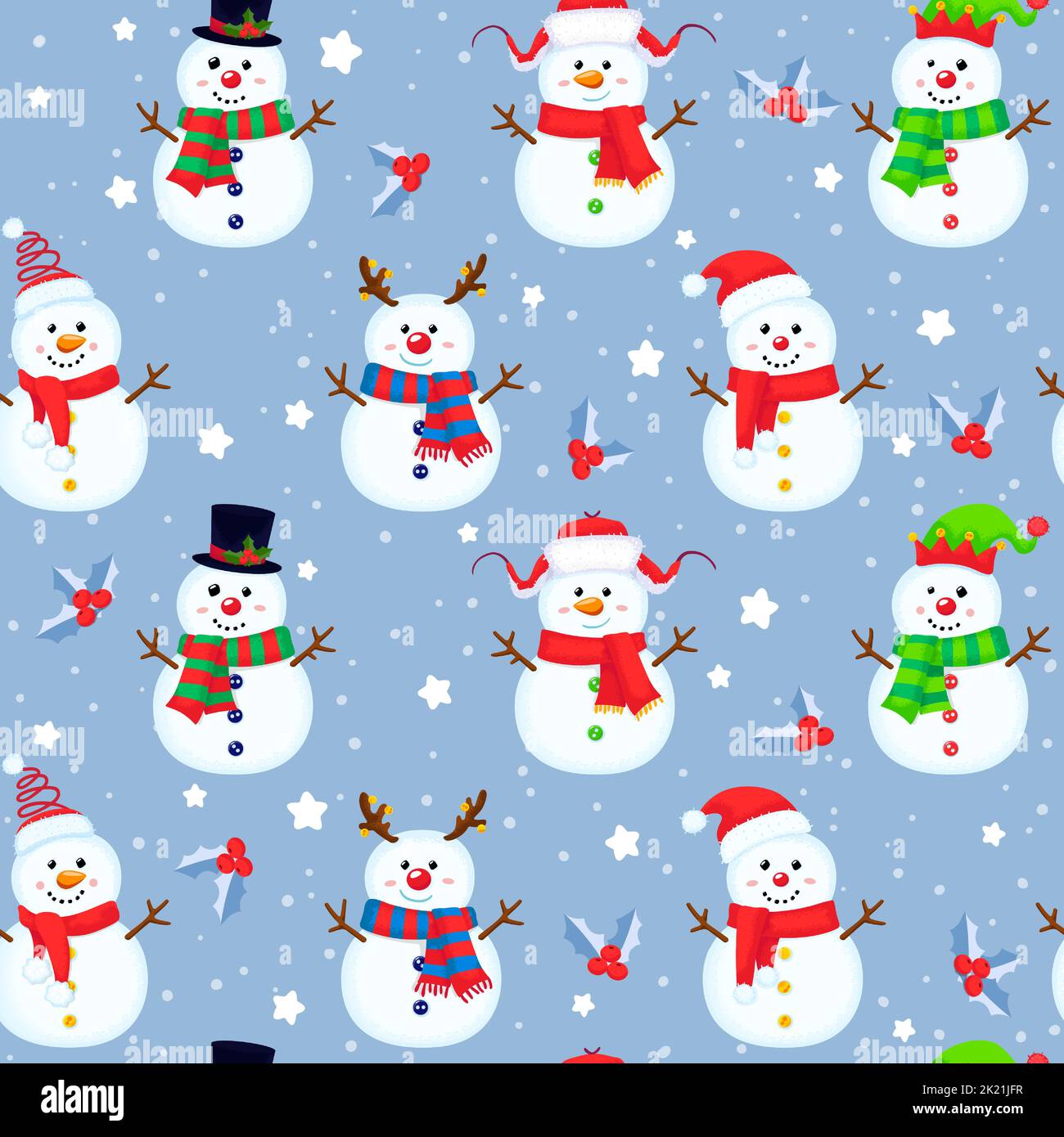 Christmas seamless pattern with snowmen and holly. Colorful winter backdrop with stars and snow ...