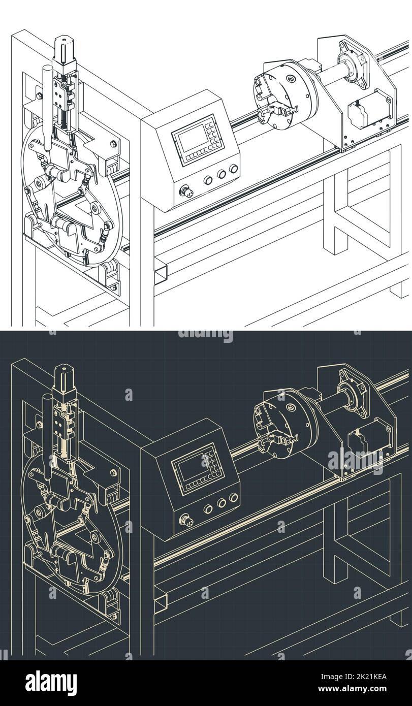 Stylized Vector Illustrations Of Isometric Blueprints Of Cnc Pipe