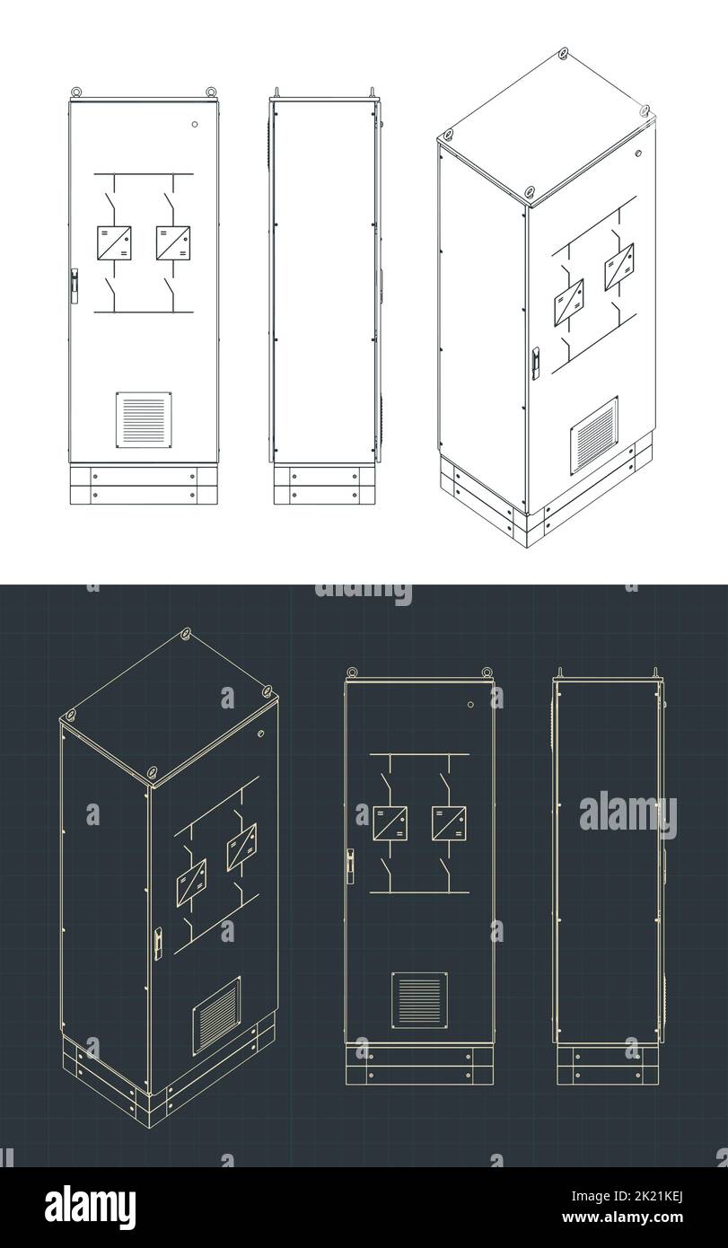 Stylized vector illustrations of blueprints of high voltage stabilizer ...