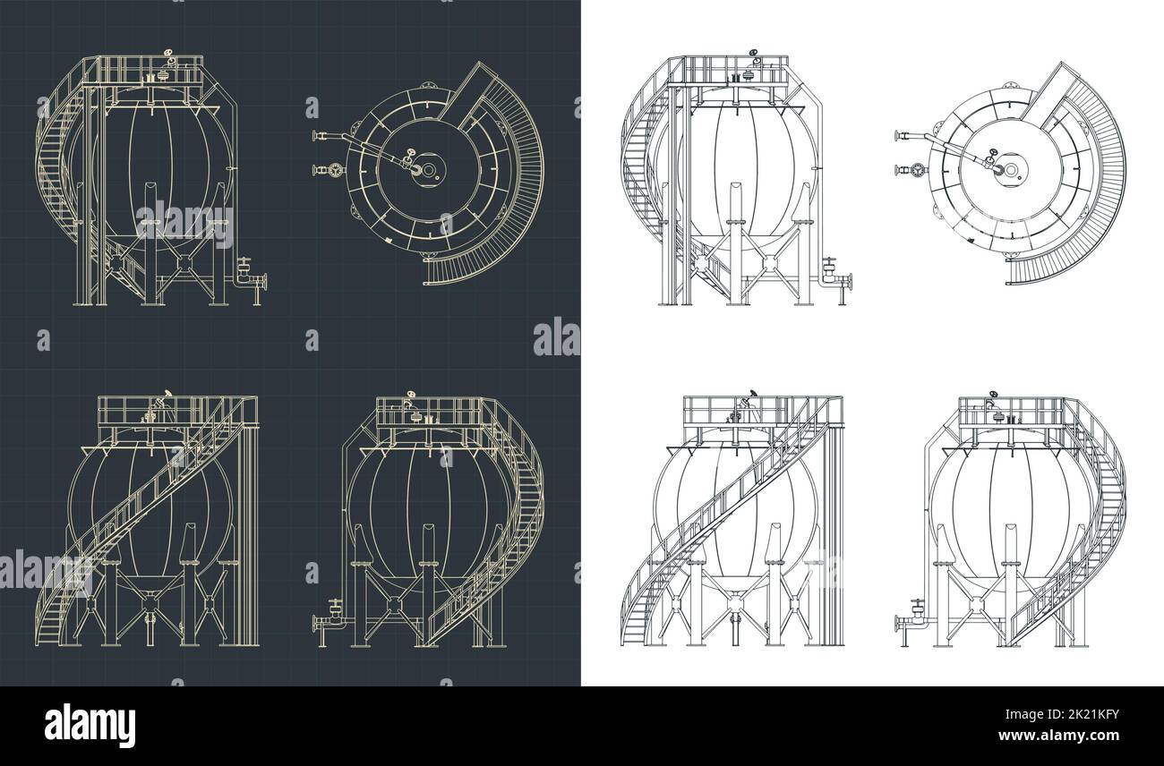 Stylized vector illustration of blueprints of spherical storage tank ...