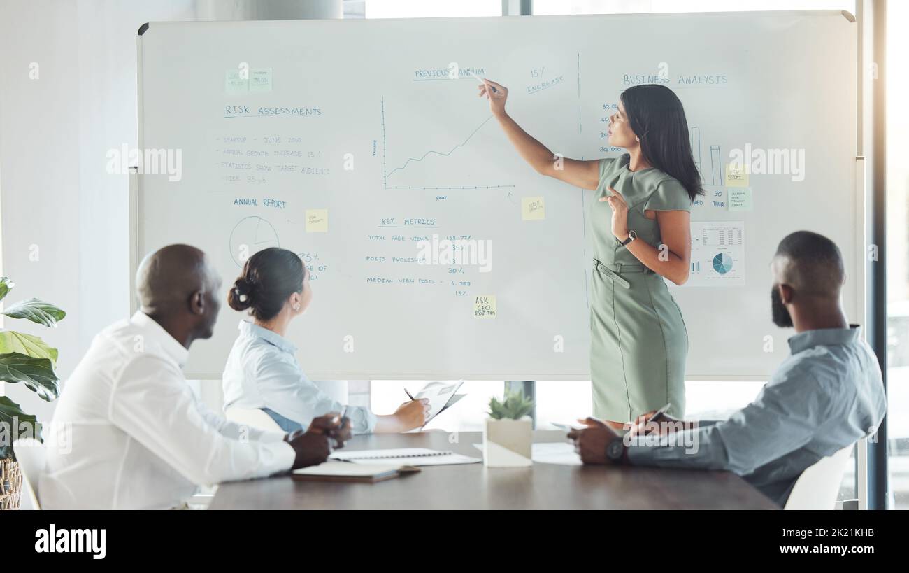 Businesswomen uses whiteboard for presentation of research, strategy ...