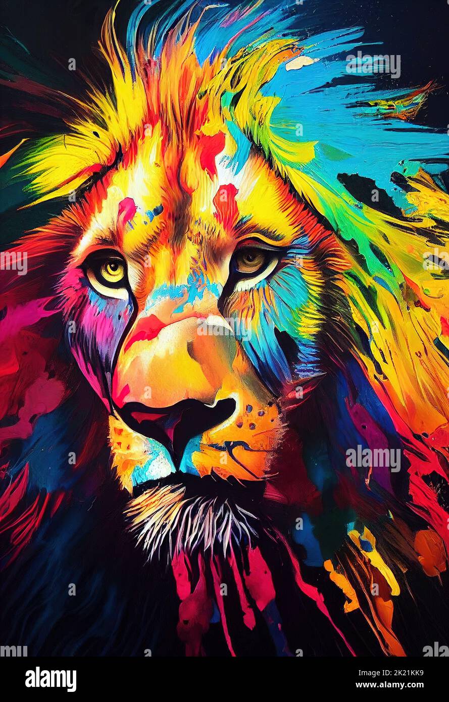 Multicolor painting lion head. Stylized lion in rainbow colors. Digital ...