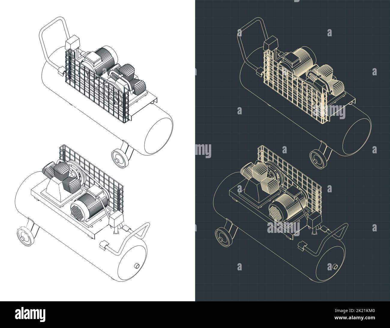 Stylized vector illustration of isometric blueprints of air compressors ...