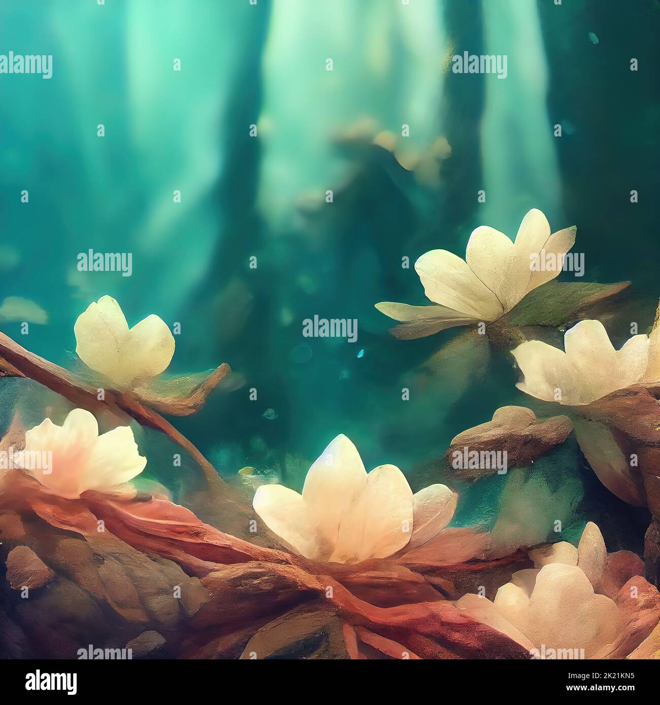 Fantasy forest flowers. Magical white flowers in fairy forest. Digital ...