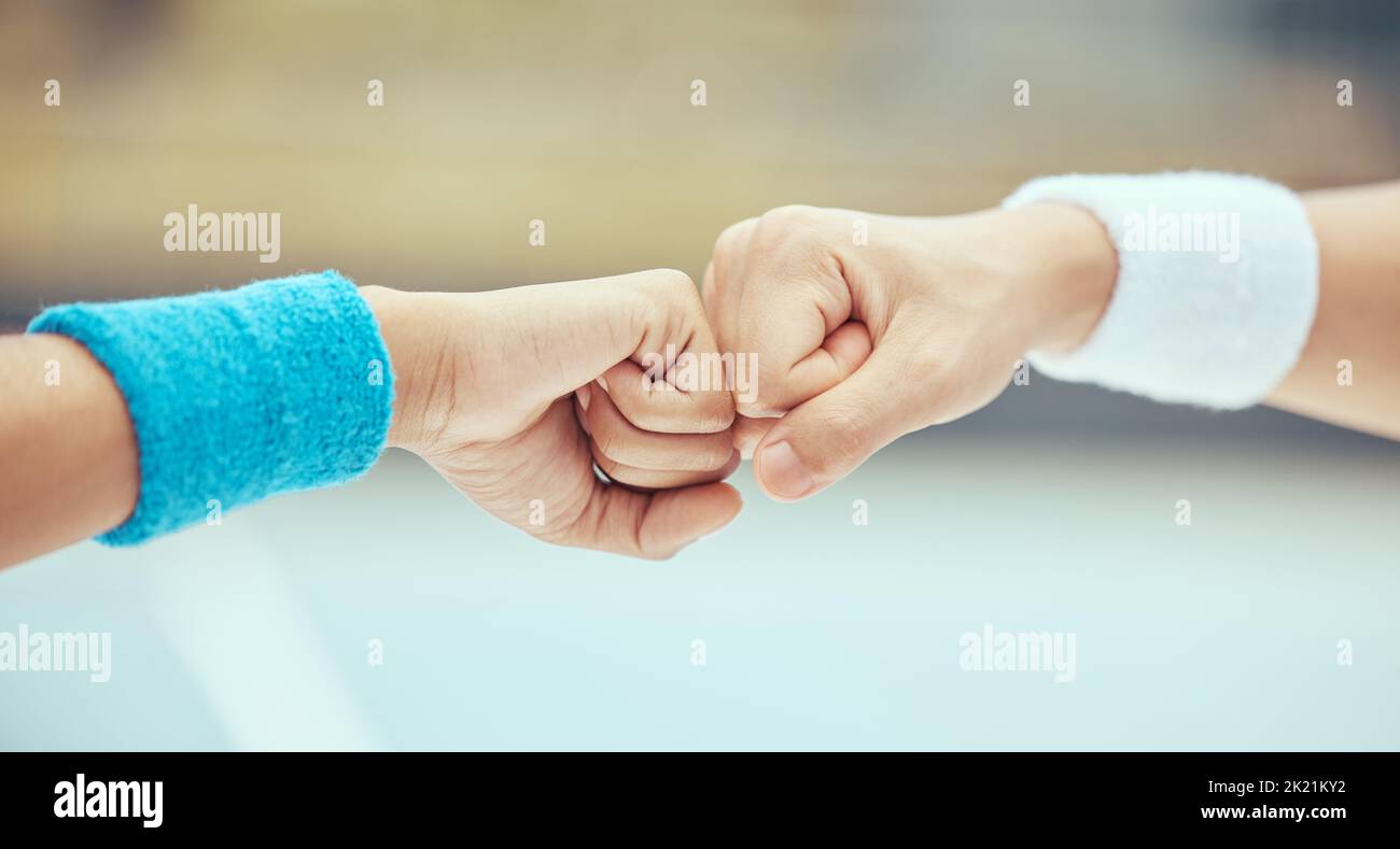 Fist bump, celebration of sport success and motivation hands for tennis ...