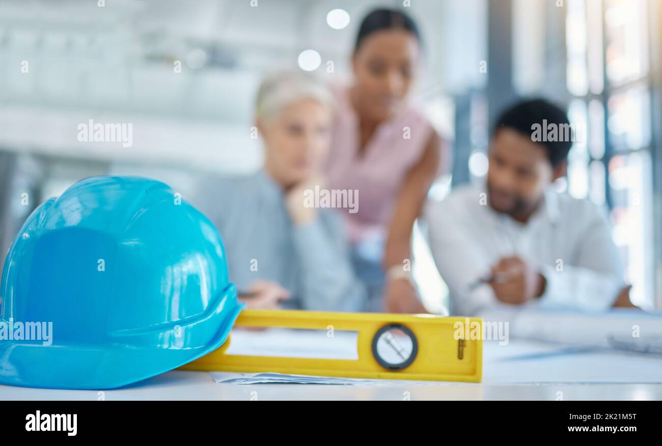 Ruler, helmet or architecture meeting tools or engineering equipment ...