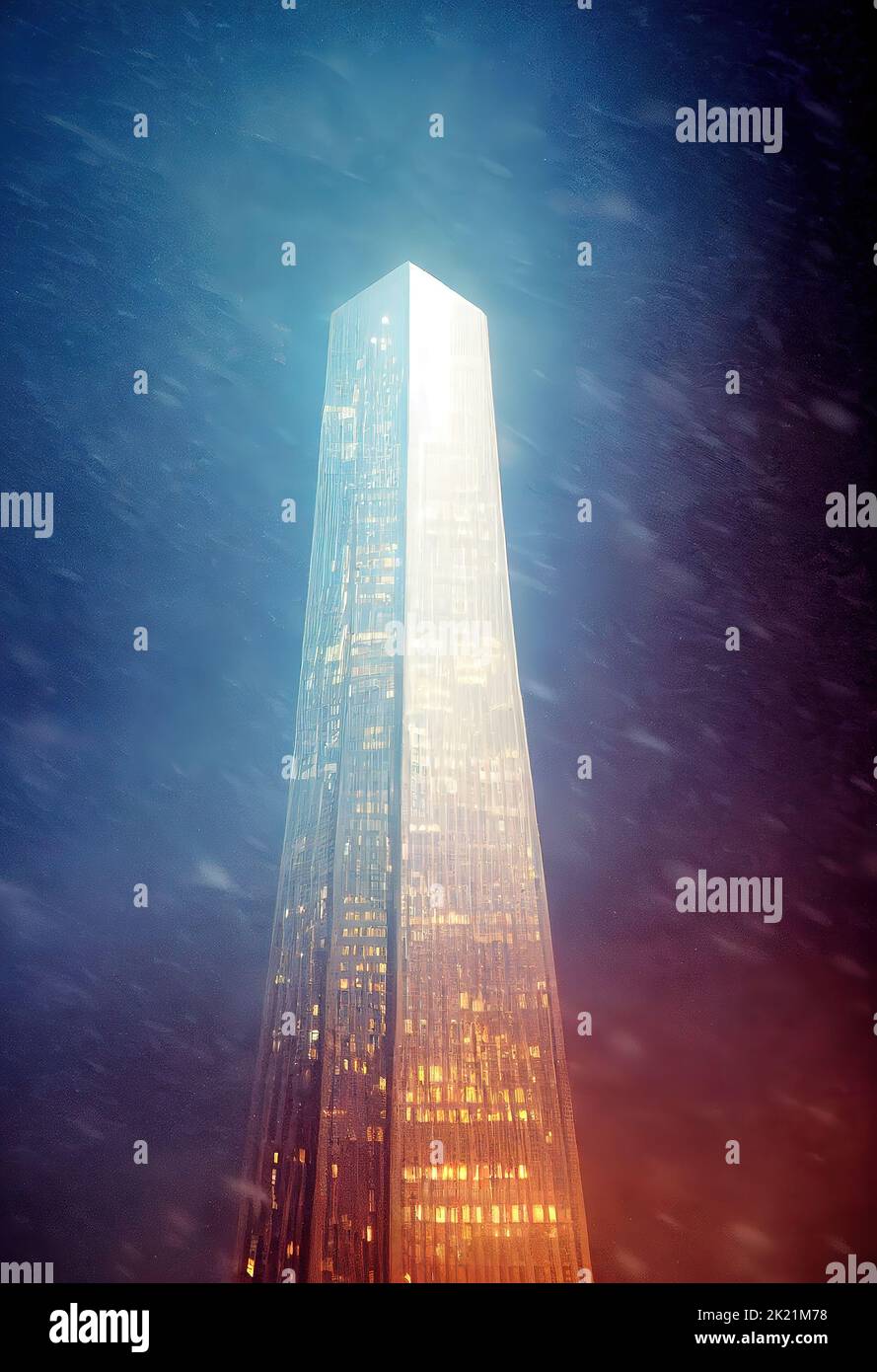 Night skyscraper blizzard illustration. Night high-rise building in a ...