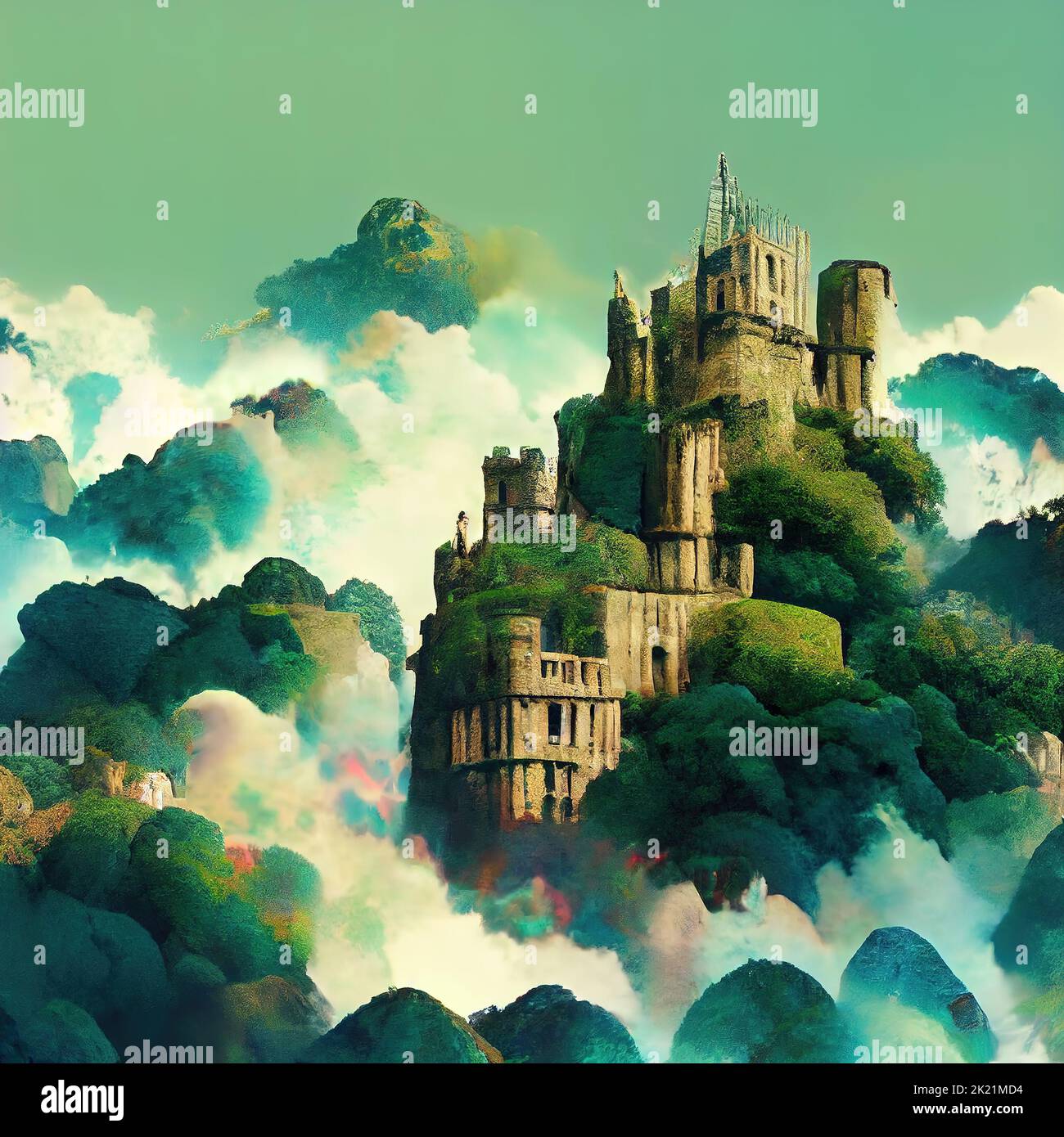 A large gothic castle stands on the edge of a cliff. Digital ...