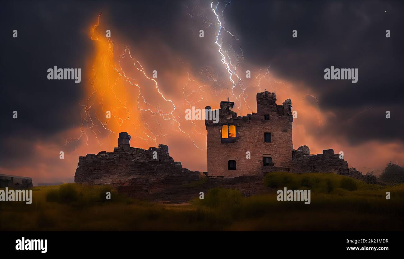 Lightning in the sky above the castle. Lightning strikes ruined castle ...