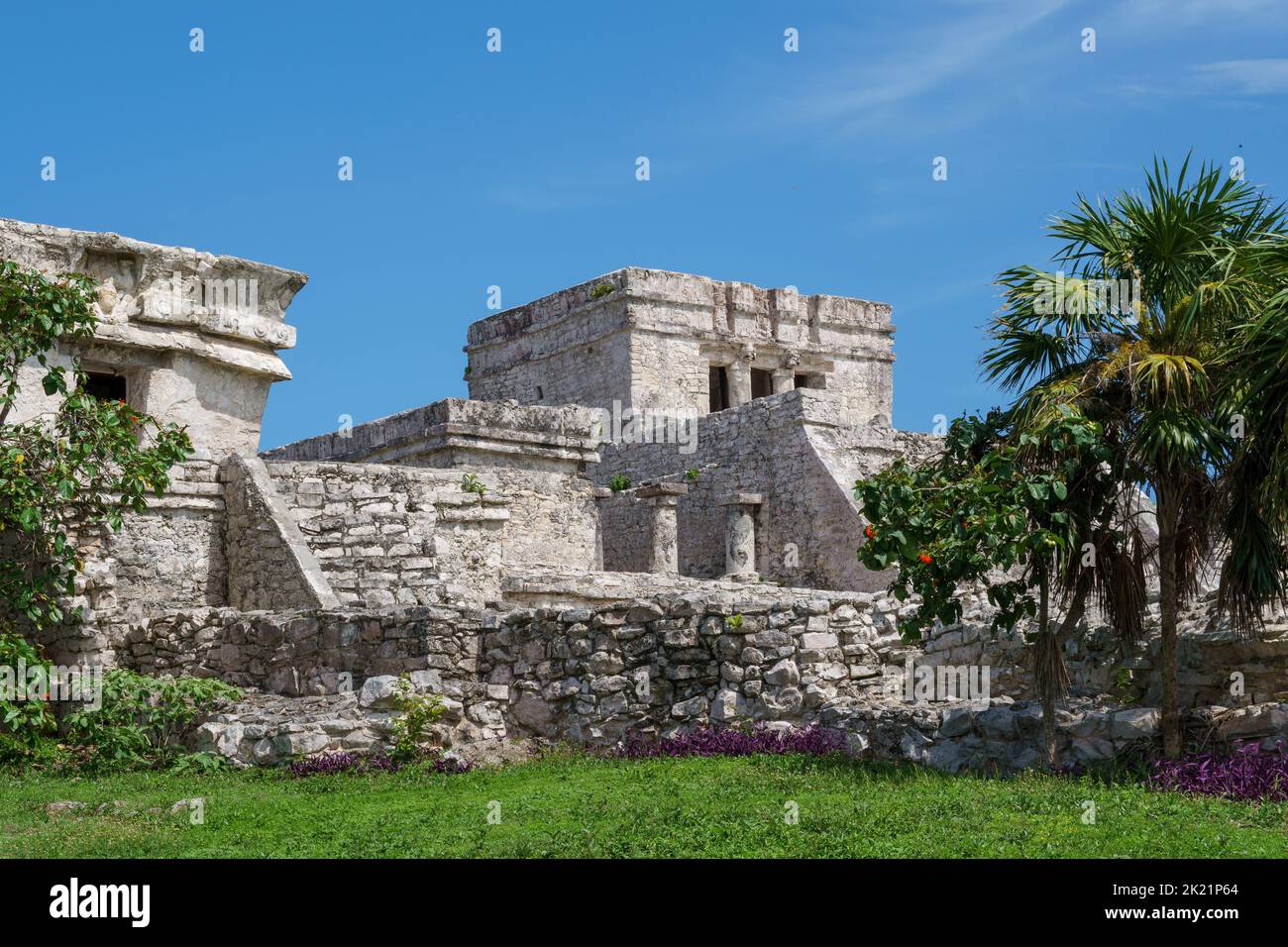 Ancient Mayan El Castillo Pyramid on a clear blue summer day. In Tulum ...