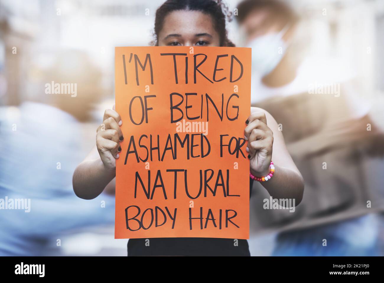 Poster, woman protest and body hair positive freedom with cardboard ...