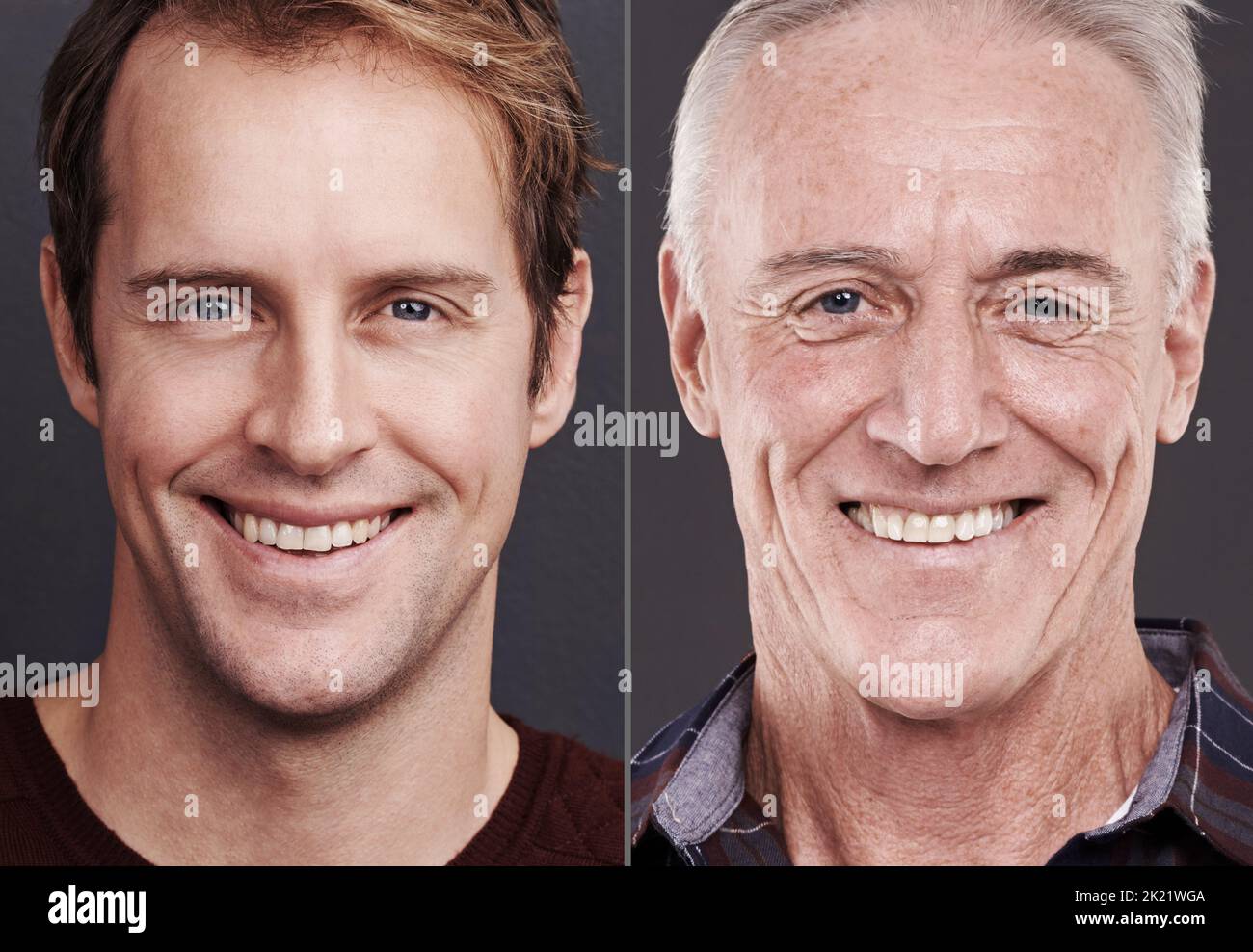 His smile will always be bright. Split shot a man and an older version ...