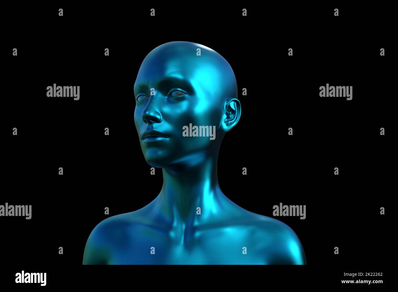 3d illustration. Portrait of a blue bald woman on a black background ...